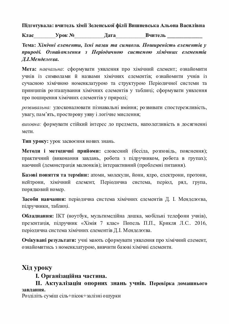Урок Хімічні елементи їхні назви та символи Конспект Хімія