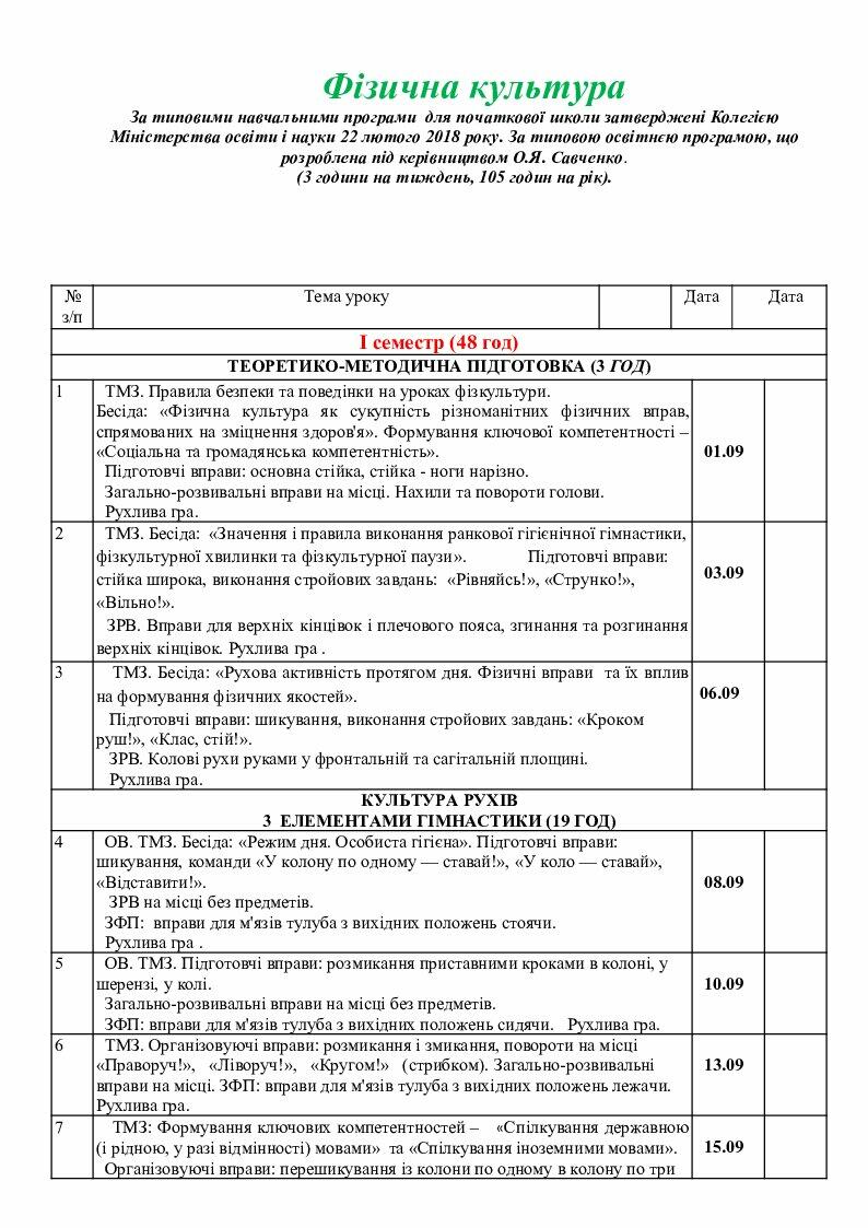 Орієнтовне календарне планування уроків «Фізична культура 2 клас за програмою О Савченко НУШ