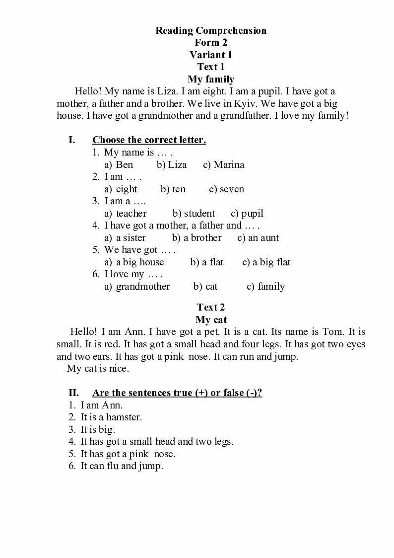 Reading Comprehension (form 2) | . Англійська мова
