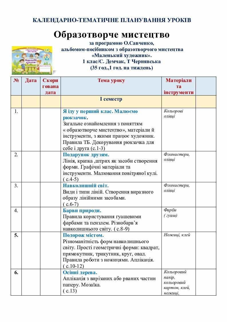 Календарне планування уроків образотворче мистецтво 1 клас НУШ КТП