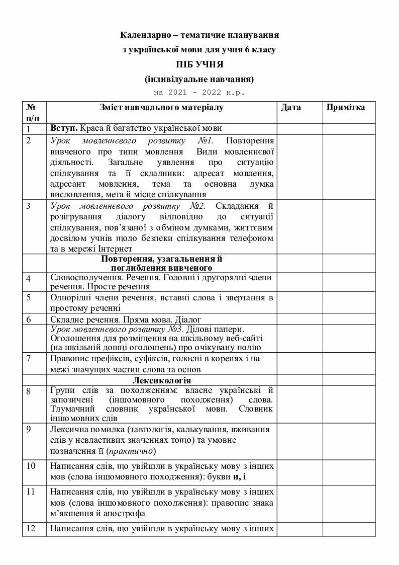 Календарне планування українська мова індивідуальне навчання КТП Українська мова