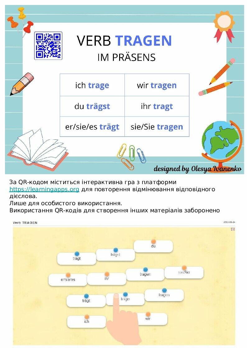 Verb TRAGEN (картка відмінювання дієслова+ інтерактивна гра) | Інші ...