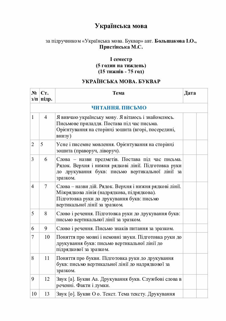 Календарне планування з української мови 1 клас 1 семестр за
