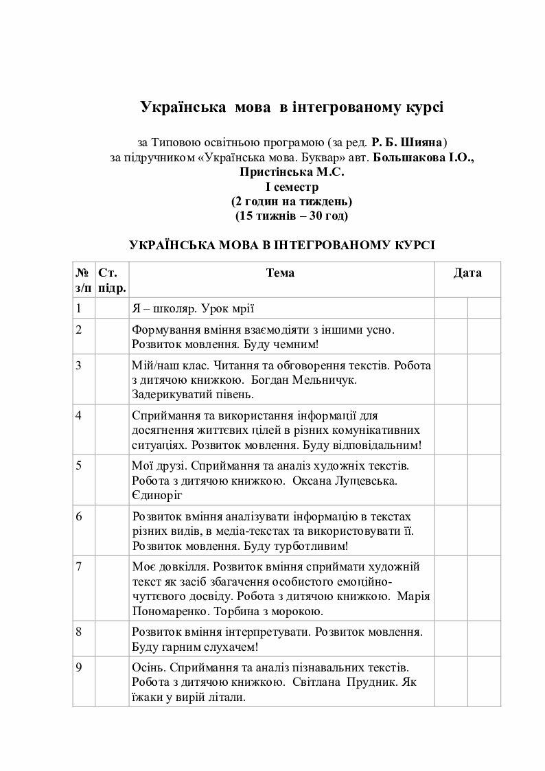 Календарне планування з української мови 1 клас 1 семестр за підручником Большакова І О Інші