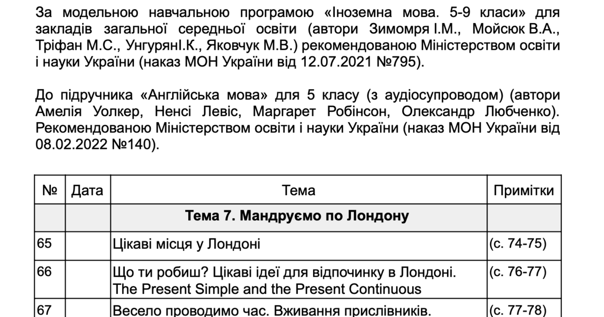 Календарно тематичний планування англ мова 5 клас НУШ Амелія Уолкер на 1 семестр формат Pdf