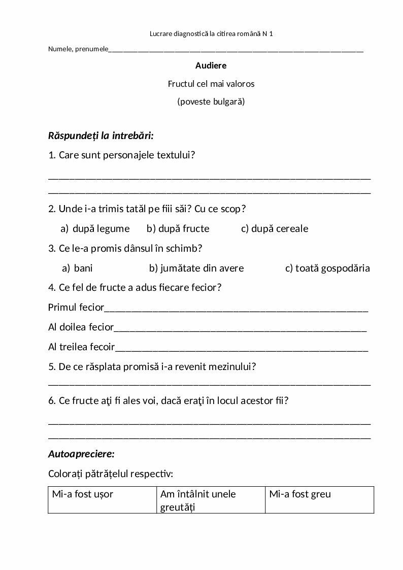 Lucrare diagnostică la citirea română N 1. Audiere. | . Румунська мова