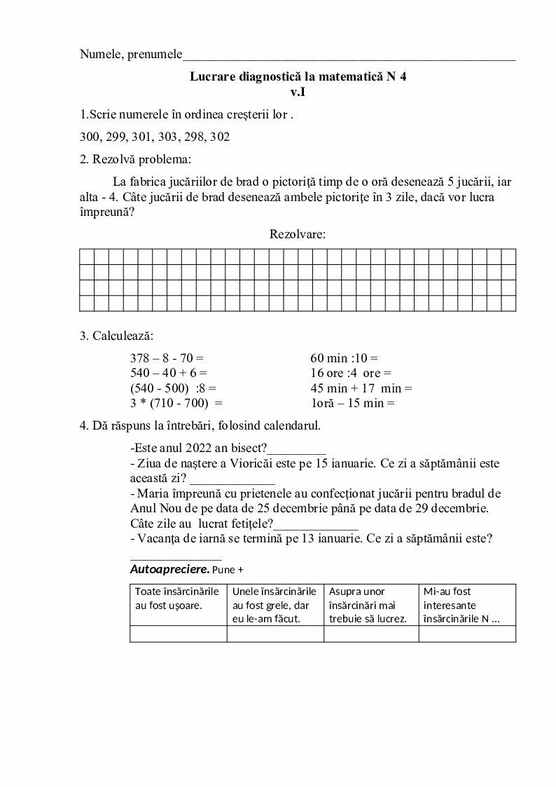 Lucrare diagnostică la matematică N 4 la tema „Numerația numerelor de ...