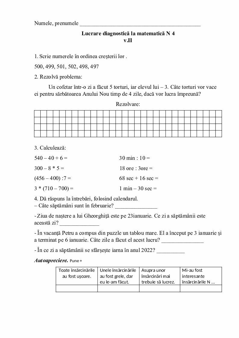 Lucrare diagnostică la matematică N 4 la tema „Numerația numerelor de ...
