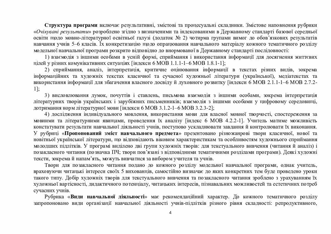 Навчальна програма для 5 класу НУШ із української літератури за
