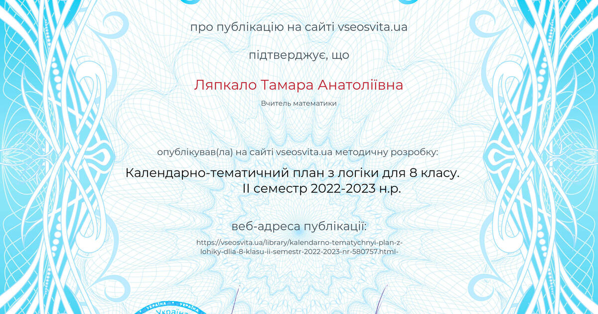 Календарно тематичний план з логіки для 8 класу ІІ семестр 2022 2023 н р