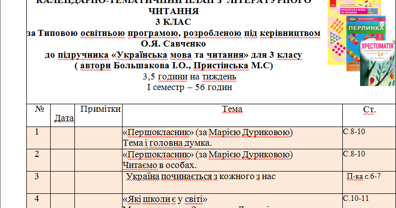 Календарне планування уроків літературного читання для 3 класу 3 5 години за підручником