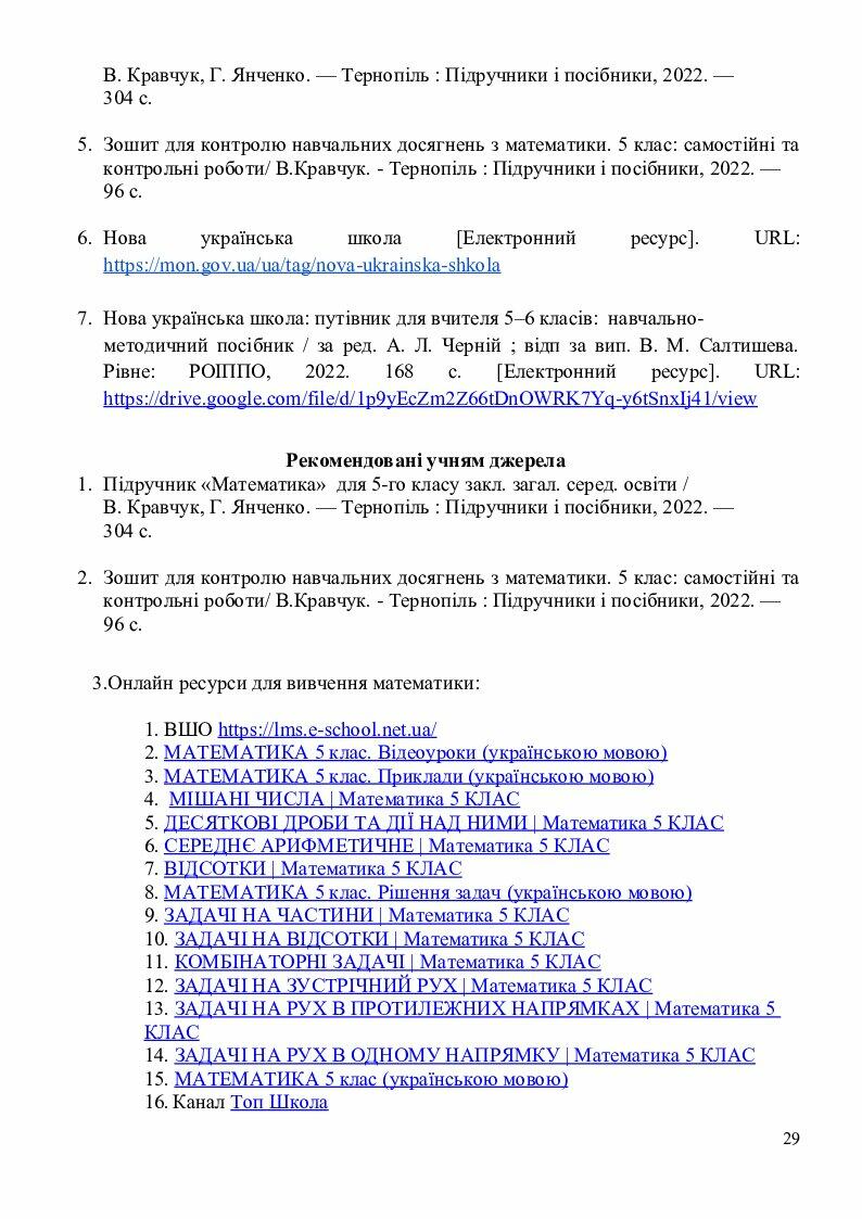 Навчальна програма з математики 5 клас НУШ Робоча програма Математика