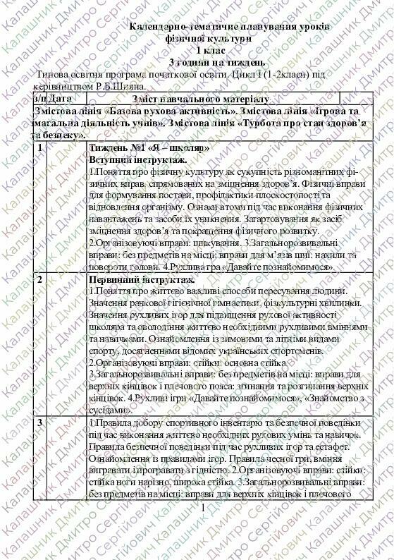 КАЛЕНДАРНО ТЕМАТИЧНИЙ ПЛАН З ФІЗИЧНОЇ КУЛЬТУРИ ДЛЯ 1 КЛАСУ НУШ за Шияном Робоча програма