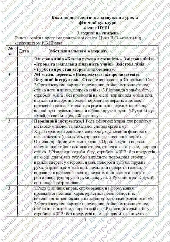 КАЛЕНДАРНО ТЕМАТИЧНИЙ ПЛАН З ФІЗИЧНОЇ КУЛЬТУРИ ДЛЯ 4 КЛАСУ НУШ за ШИЯНОМ Робоча програма