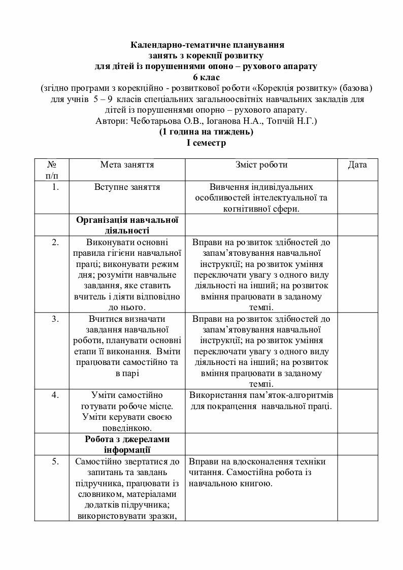 Календарно тематичне планування занять з корекції розвитку для дітей із
