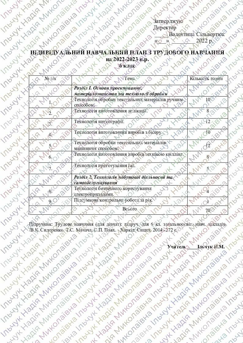 ІНДИВІДУАЛЬНИЙ НАВЧАЛЬНИЙ ПЛАН З ТРУДОВОГО НАВЧАННЯ 6 клас Інші