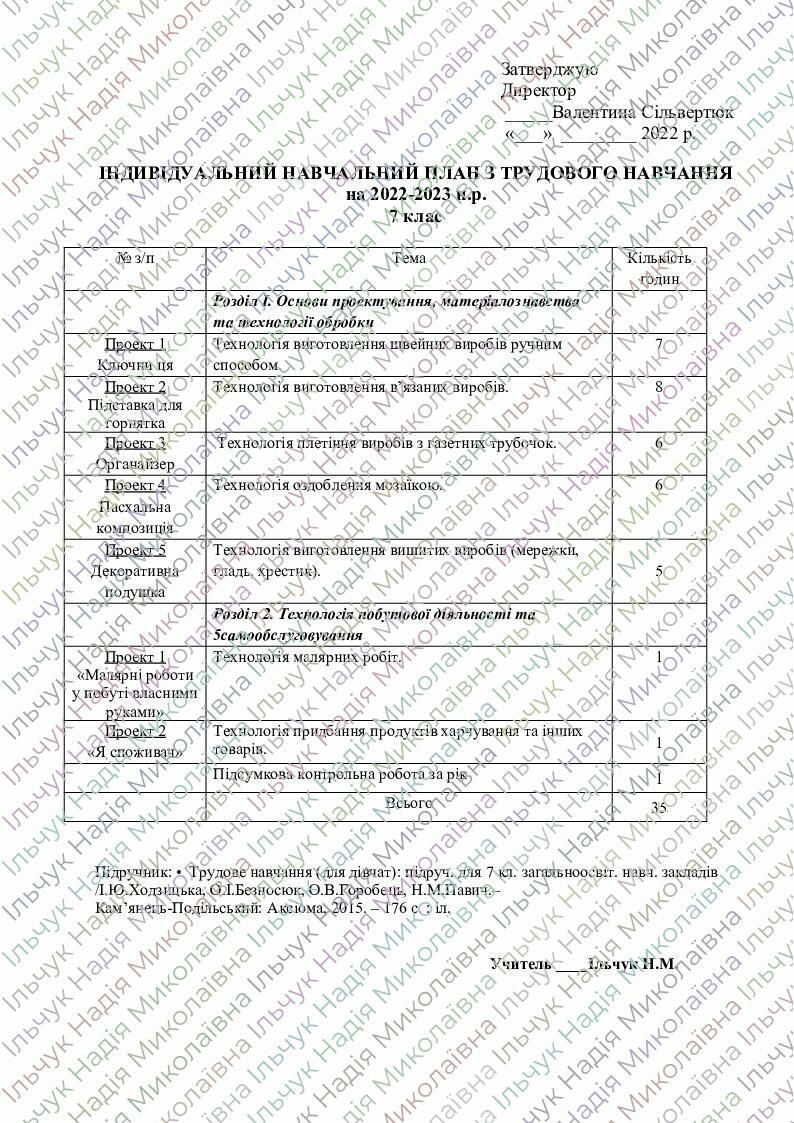 ІНДИВІДУАЛЬНИЙ НАВЧАЛЬНИЙ ПЛАН З ТРУДОВОГО НАВЧАННЯ 7 клас Інші методичні матеріали Трудове