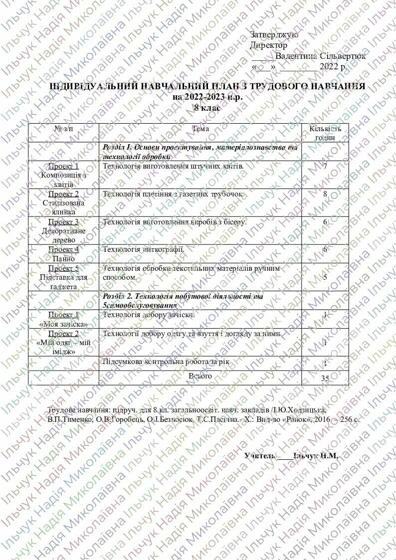 ІНДИВІДУАЛЬНИЙ НАВЧАЛЬНИЙ ПЛАН З ТРУДОВОГО НАВЧАННЯ 9 клас Інші методичні матеріали Трудове