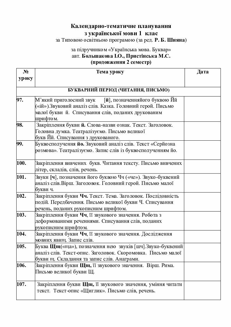 Календарно тематичне планування з української мови 1 клас на 2 семестр